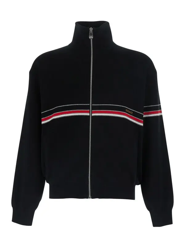 Versace Cotton Zip-front Turtleneck Sweater With Logo Band