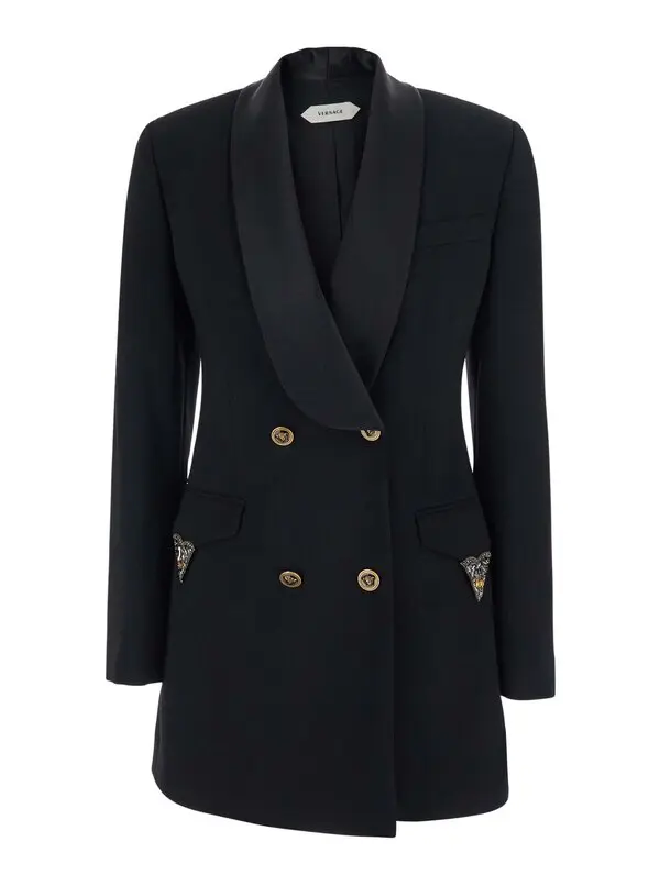 Versace Wool Double-breasted Jacket With Crystal Lapel Details And Logo Accents