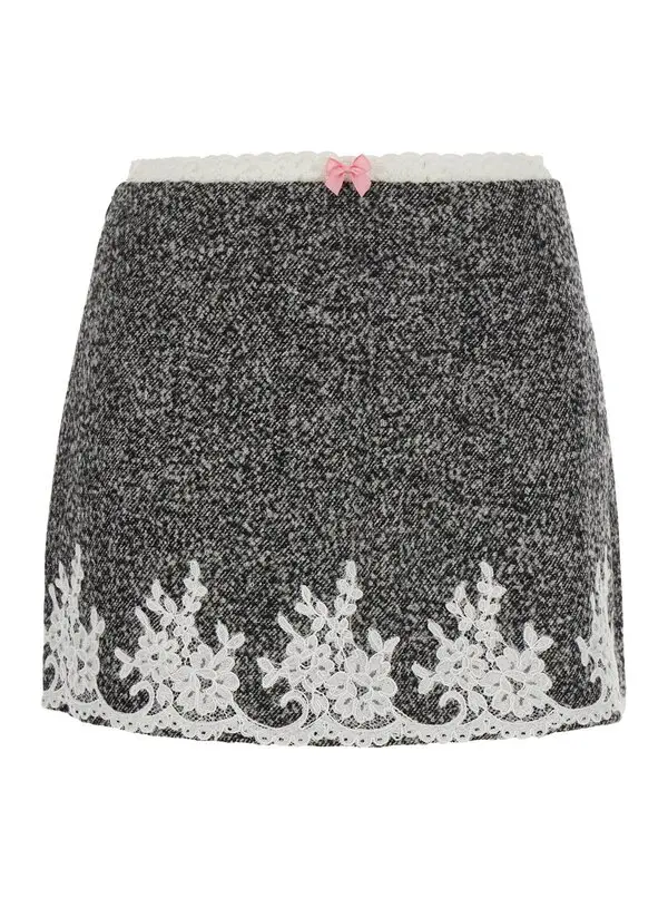 MARKGONG Gray Mini Skirt With Lace Trim & Tweed Finish