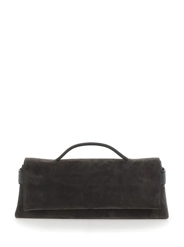 Brunello Cucinelli Suede Clutch With Side Details, Top Handle And Flap Closure
