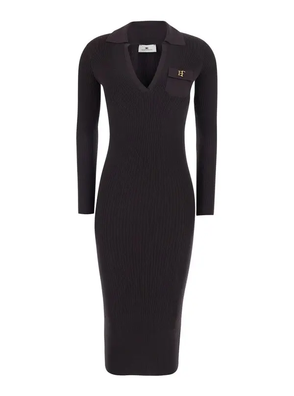 Elisabetta Franchi Tech Fabric V-neck Logo Pocket Dress With Shirt Collar - Brown
