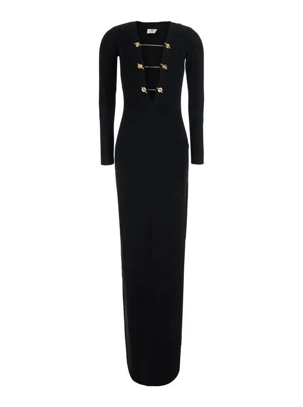 Elisabetta Franchi Viscose Blend Stretch Long Dress With Deep V-neck And Gold Chain Front Detail - Black