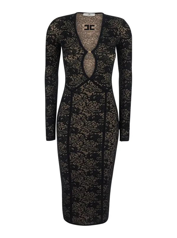 Elisabetta Franchi V-neck Tech Fabric Lace Mini Dress With Logo Plaque