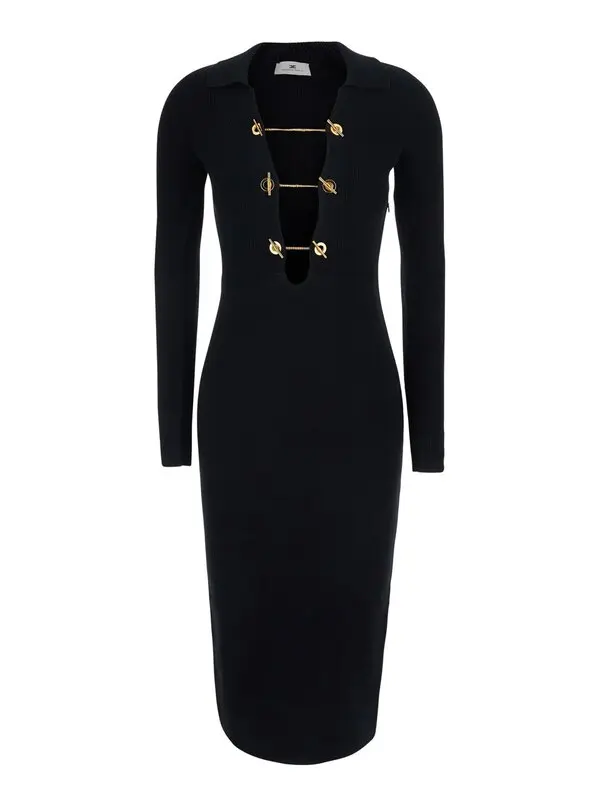 Elisabetta Franchi Deep V-neck Long Sleeve Chain-front Viscose Blend Dress