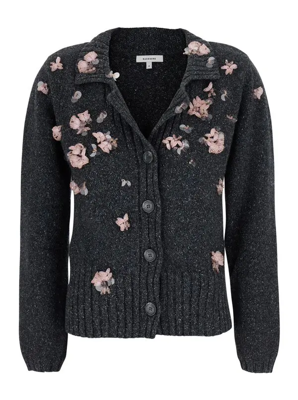 MARKGONG Wool-silk Cardigan With Beaded Detail, V-neck Button Front - Grey