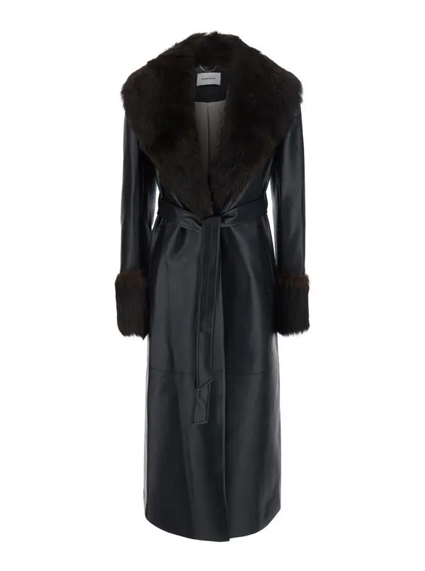 MARKGONG Long Leather Jacket With Fur Collar - Black