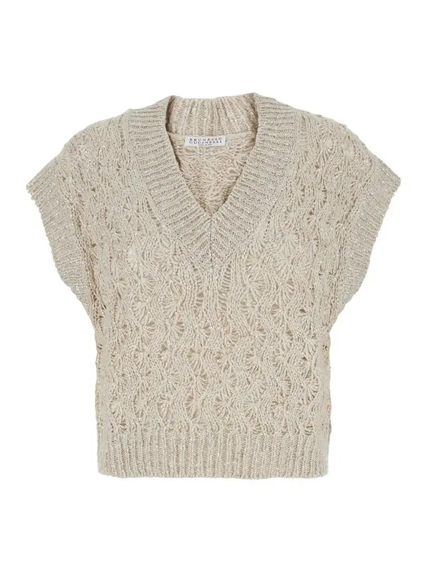 Brunello Cucinelli V-neck Sleeveless Silk-linen Sequin Detail Vest