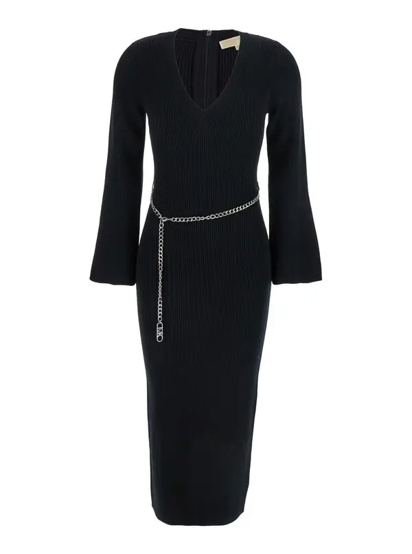 Michael Kors V-neck Wool-blend Knit Dress With Chain Belt & Back Logo Plaque