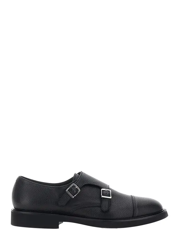 DOUCAL'S Double Buckle Round-toe Hammered Leather Loafers