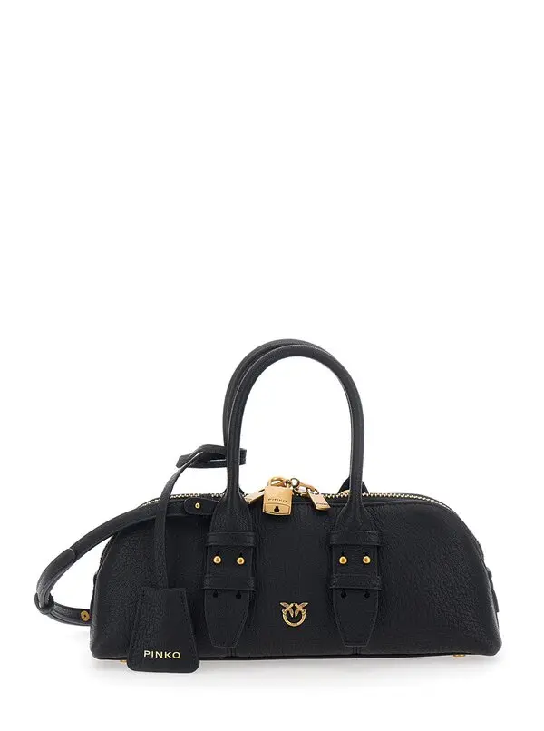 Pinko Bowler-style Grained Leather Handbag With Lock Charm, Front Love Birds Plaque & Removable Strap