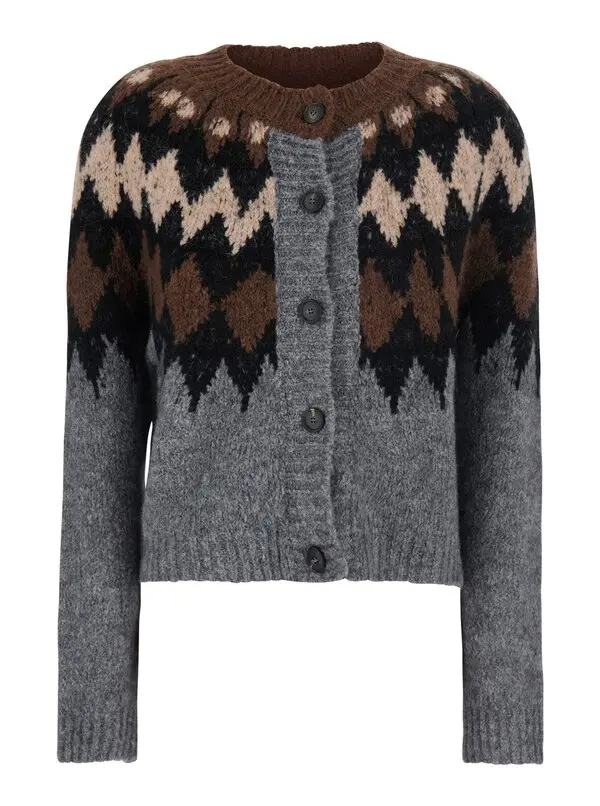 TELA Eiko Wool Sweater With Round Neck, Button Front & Zig-zag Motif