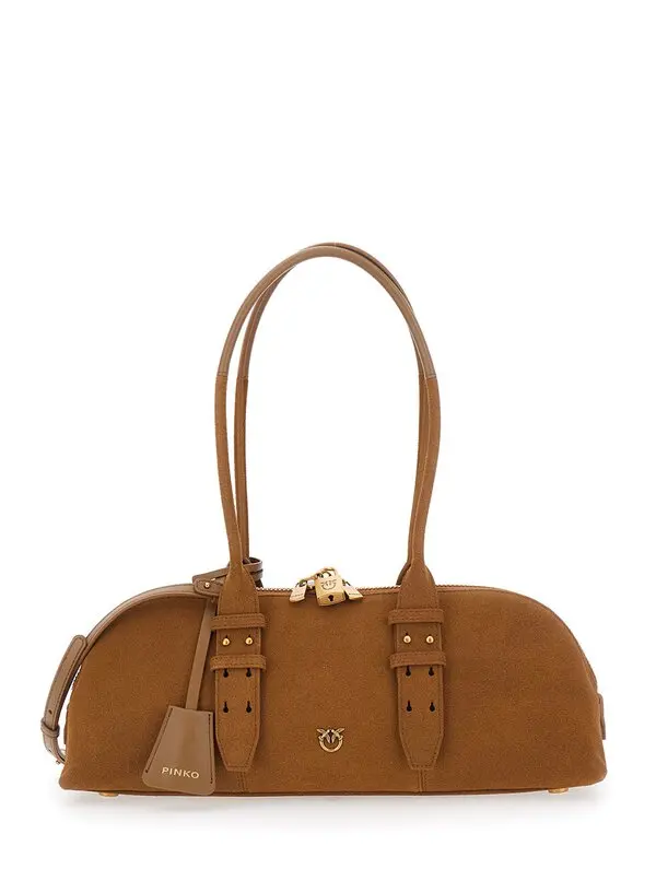 Pinko Love Birds Suede Bowling Horizontal Handbag With Top Zip, Locket Charm & Adjustable Shoulder Strap, 29x11x7 Cm - Brown