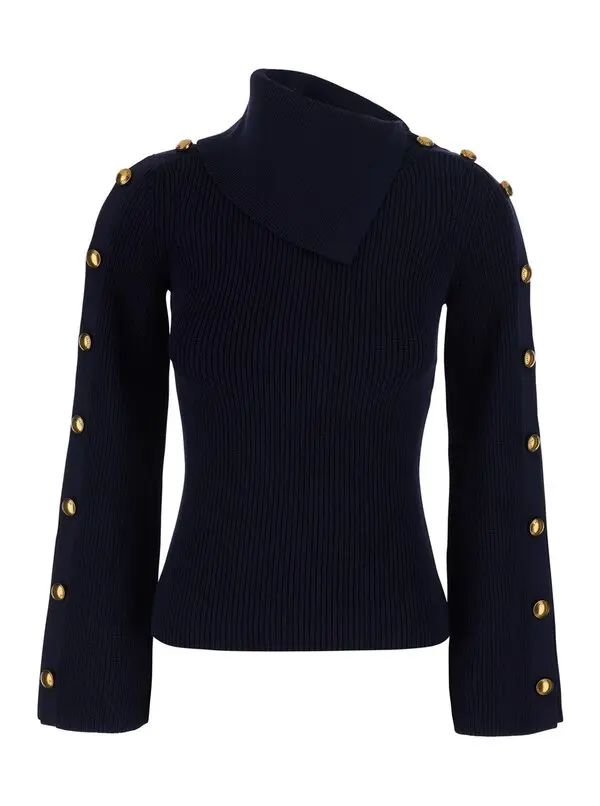 Elisabetta Franchi Asymmetrical High-collar Viscose Sweater With Jewel Button Sleeves - Blu
