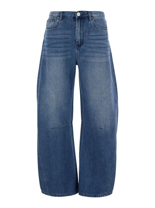 Pinko Pink Denim Five-pocket Jeans With Faded Effect, High-waist Wide Straight Fit - Blu
