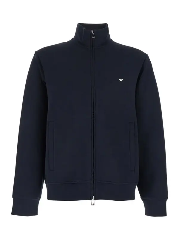 Emporio Armani S Cotton-blend High-neck Zip Sweatshirt With Front Logo Embroidery - Blu