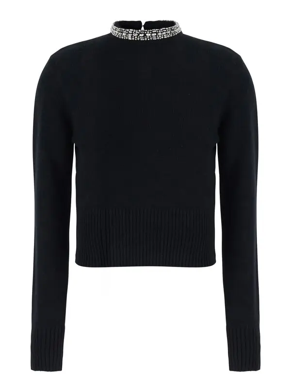 Pinko Berlino Cropped Fitted Wool Sweater With Rhinestone Neck Detail
