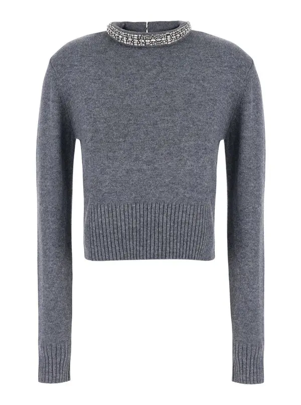 Pinko Rhinestone-collar Crop Wool-blend Sweater With Back Hook Closure