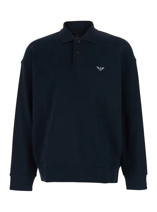 Emporio Armani S Cotton Polo-collar Sweatshirt With Logo Embroidery - Blu