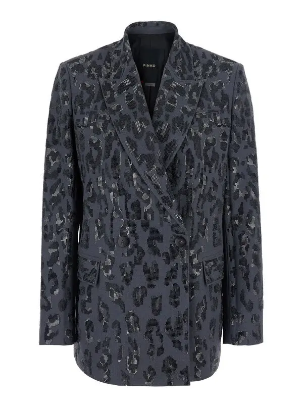 Pinko Double-breasted Jacket With Jaguar Rhinestone Embellishment And Peak Revers In Stretch Tech Fabric For - Grey