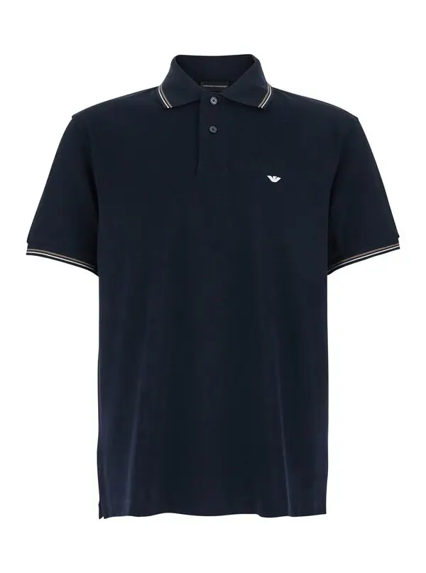 Emporio Armani Two-tone Collar Logo Embroidered Cotton Polo Shirt For - Blu