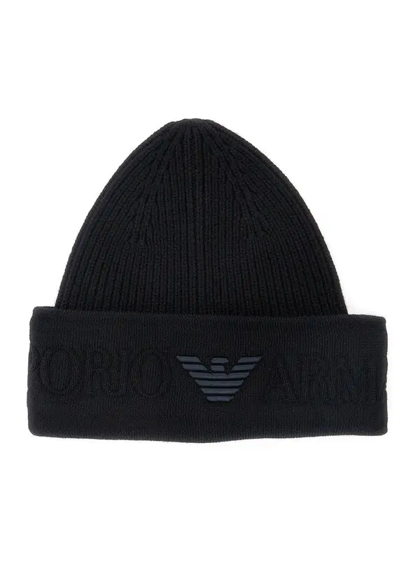 Emporio Armani Maxi Logo Embroidered Wool Beanie With Turn-up Brim