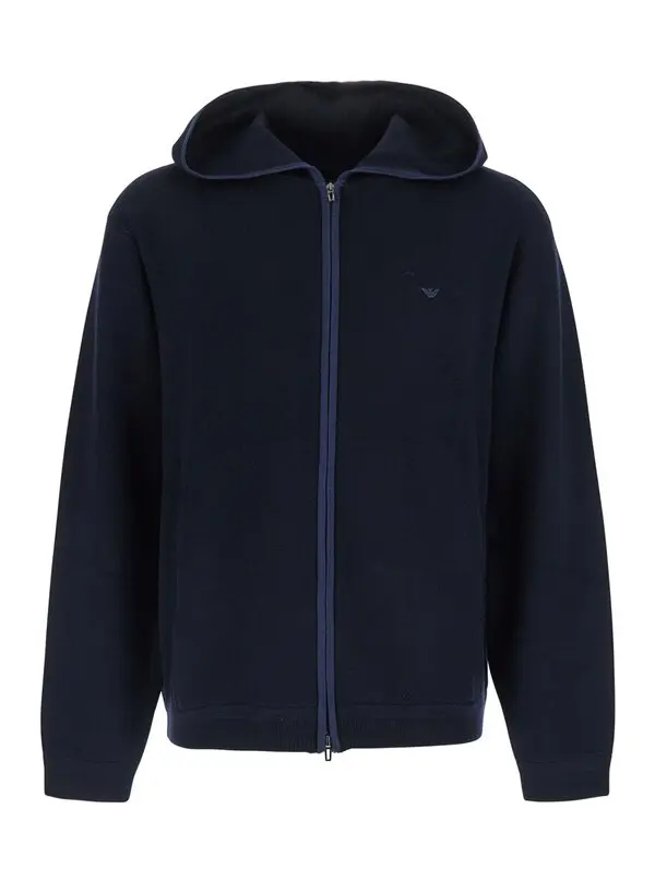 Emporio Armani S Wool Zip-up Sweater With Fixed Hood And Front Logo Patch