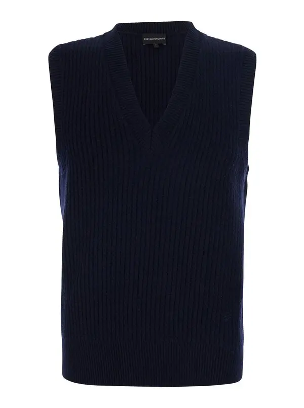 Emporio Armani S V-neck Wool & Cashmere Vest With Tone-on-tone Logo Embroidery - Blu