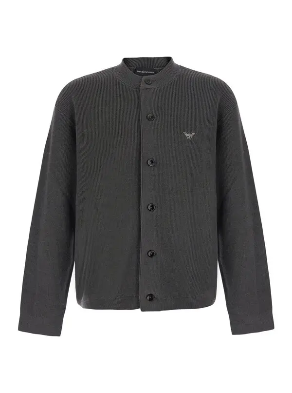 Emporio Armani Polo-collar Knit Shirt With Button Placket, Long Sleeves - Grey
