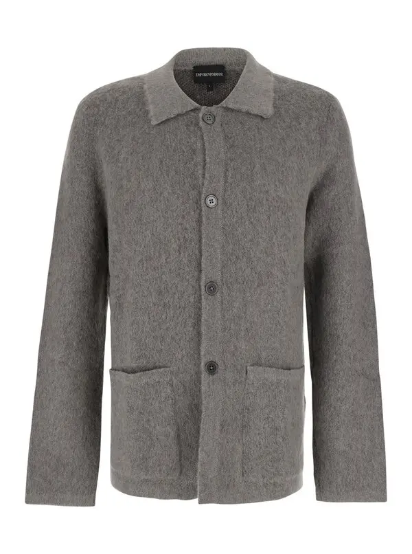 Emporio Armani S Gray V-neck Cardigan With Logo Patch - Grey