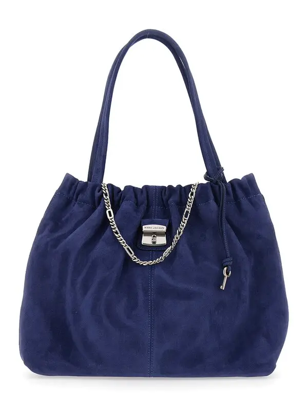 Marc Jacobs Suede Shoulder Tote Bag With Chain Detail, Padlock & Key Pendant, Drawstring Closure, 43x28x15 Cm - Blu