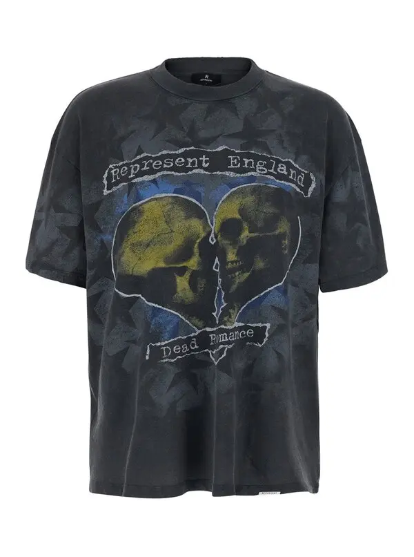 REPRESENT Romance Maxi Print Crew Neck T-shirt With Faded Cotton Look For - Black