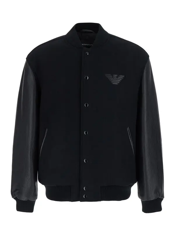 Emporio Armani S Leather & Wool Varsity Jacket With Chest Logo Patch