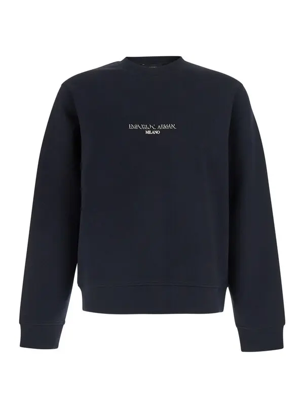 Emporio Armani S Logo Lettering Cotton Sweatshirt With Crew Neck - Blu