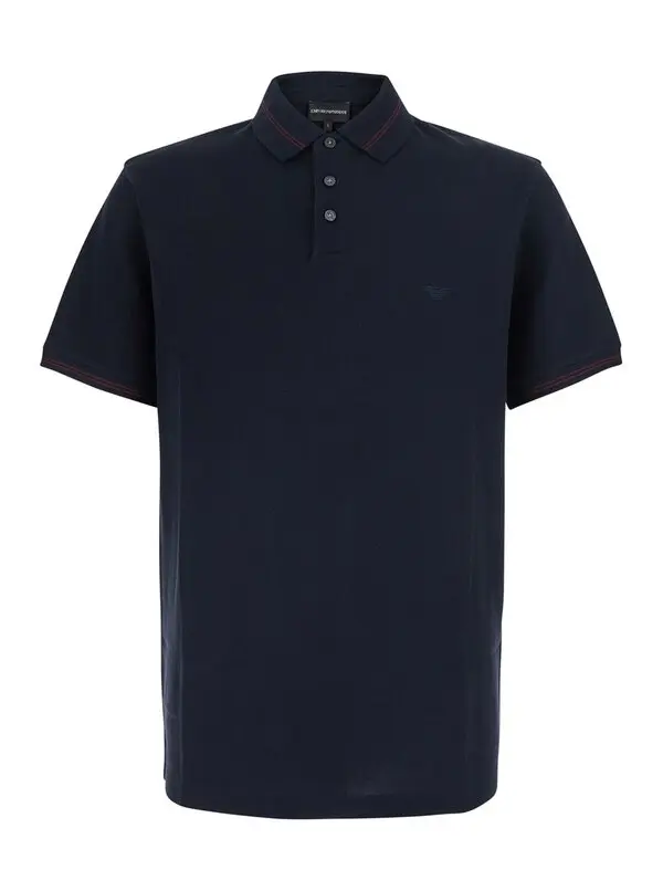 Emporio Armani S Cotton Piquet Polo Shirt With Classic Collar, Button-front & Embroidered Chest Logo - Blu