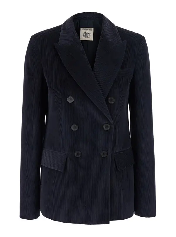 SEMICOUTURE Corduroy Double-breasted Blazer Jacket With Peak Revers And Flap Pockets
