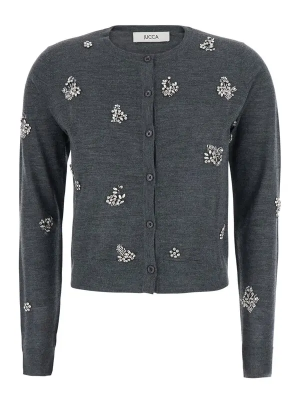 JUCCA Wool Cardigan With Floral Bead Appliqué And Button Front