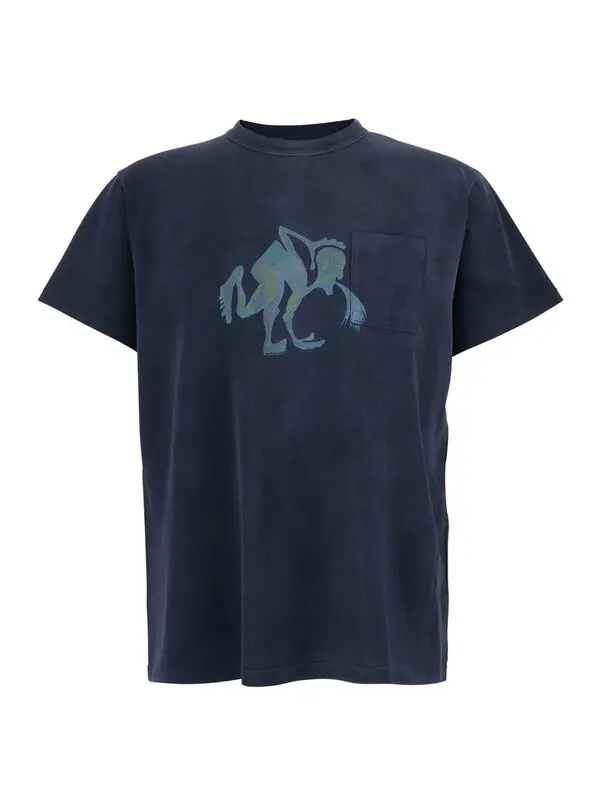 ERL Cotton T-shirt With Front Print, Stand-up Collar & Front Pocket