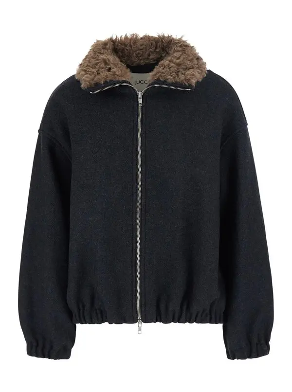 JUCCA Wool Blend Bomber Jacket With Fur Collar And Dropped Shoulders