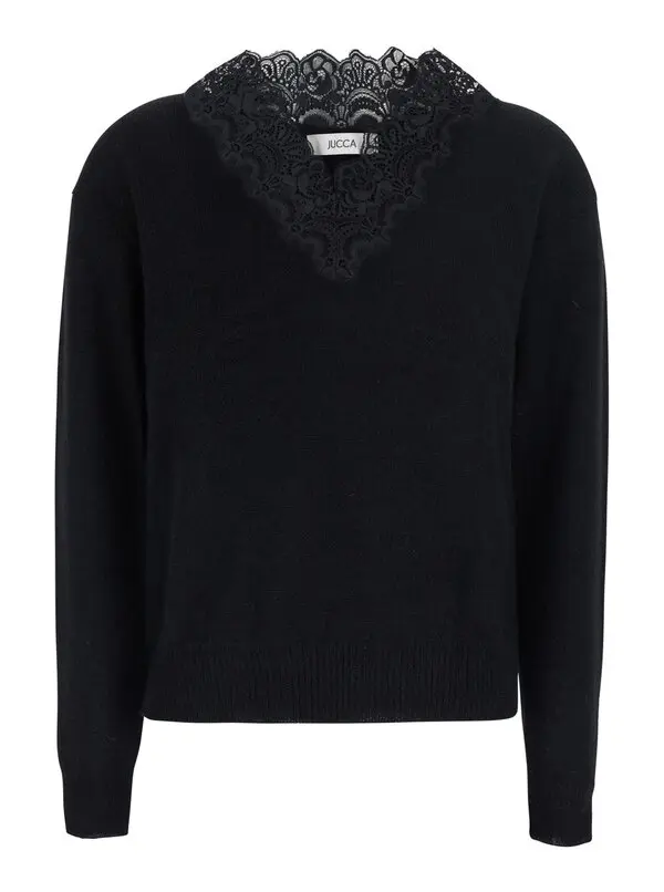 JUCCA V-neck Jersey Top With Lace Front Details And Long Sleeves