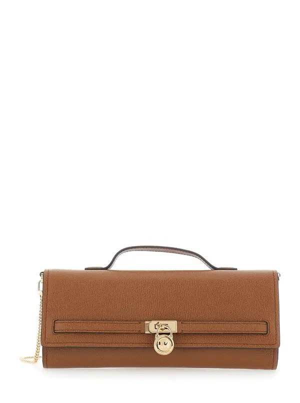 Michael Kors Hamilton Grained Leather Pouch Handbag With Removable Chain Strap, Top Handle, And Logo Plate Closure