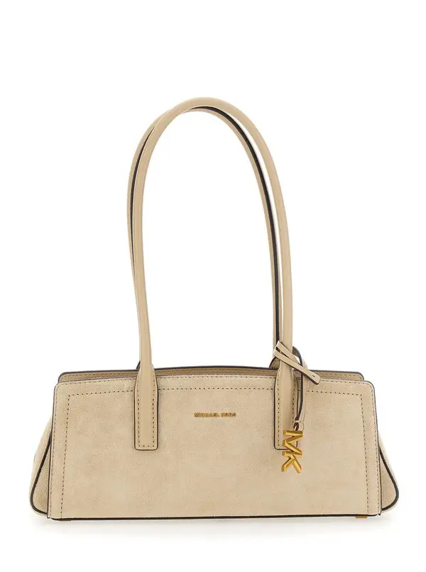 Michael Kors Laila Suede Shoulder Handbag With Logo Plate Pendant, 32x13x11 Cm - Beige