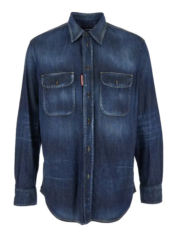 Dsquared2 Denim Shirt With Pointed Collar, Elbow Patches & Flap Pockets