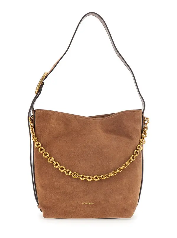 Michael Kors Suede Shoulder Handbag With Front Chain Detail And Logo Lettering, 32x36x16 Cm - Brown