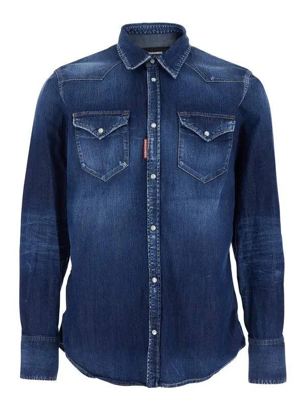 Dsquared2 Denim Shirt With Classic Collar, Flap Pockets & Logo Patch