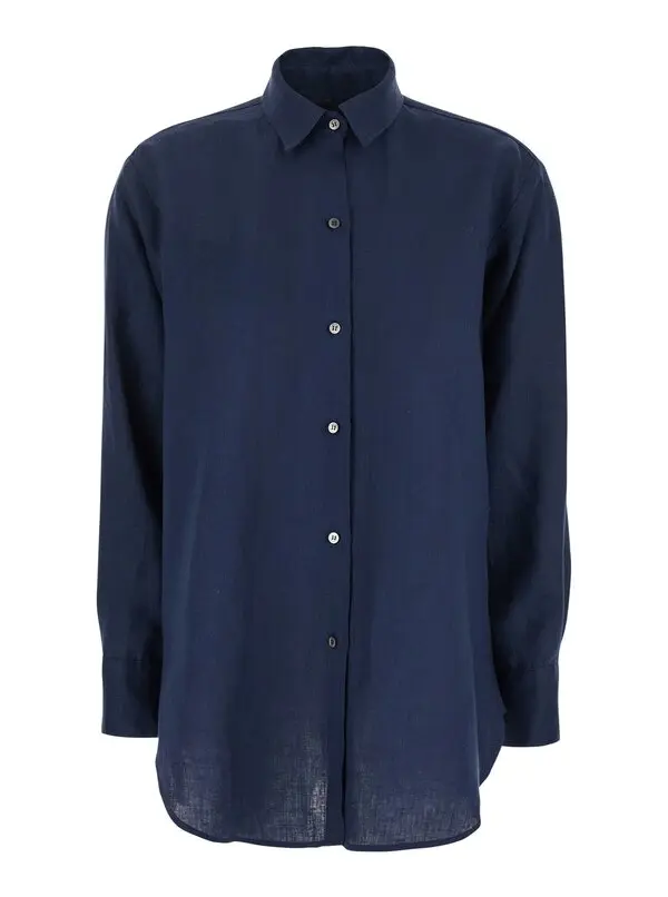 LEPLAIN Linen Button-up Shirt With Classic Collar And Relaxed Long Sleeves