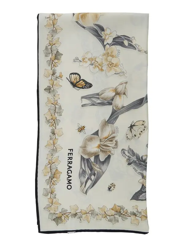 FERRAGAMO Silk Square Scarf With All-over Floral Print, 90x90 Cm - Beige