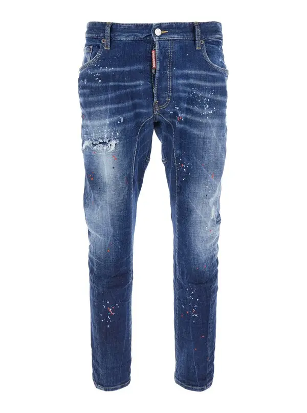 Dsquared2 Tidy Biker Blue Jeans With Paint Embellishments And Rear Logo Patch