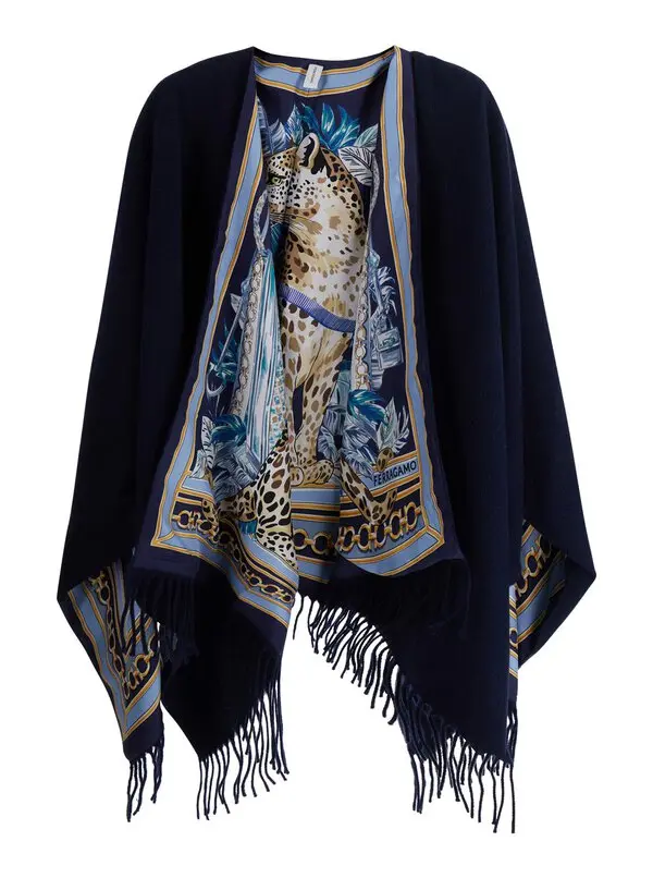 FERRAGAMO Cashmere & Wool Cape With All-over Print And Frayed Edges