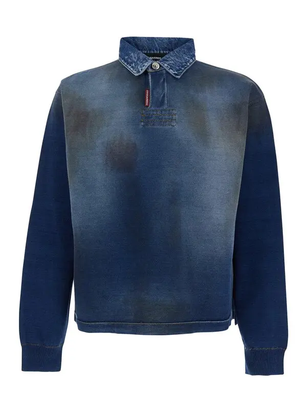 Dsquared2 Cotton Sweatshirt With Polo-style Collar, Faded Effect & Button Placket