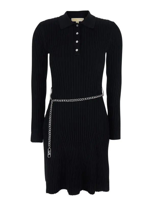 Michael Kors Knit Polo Collar Flared Mini Dress With Chain Detail
